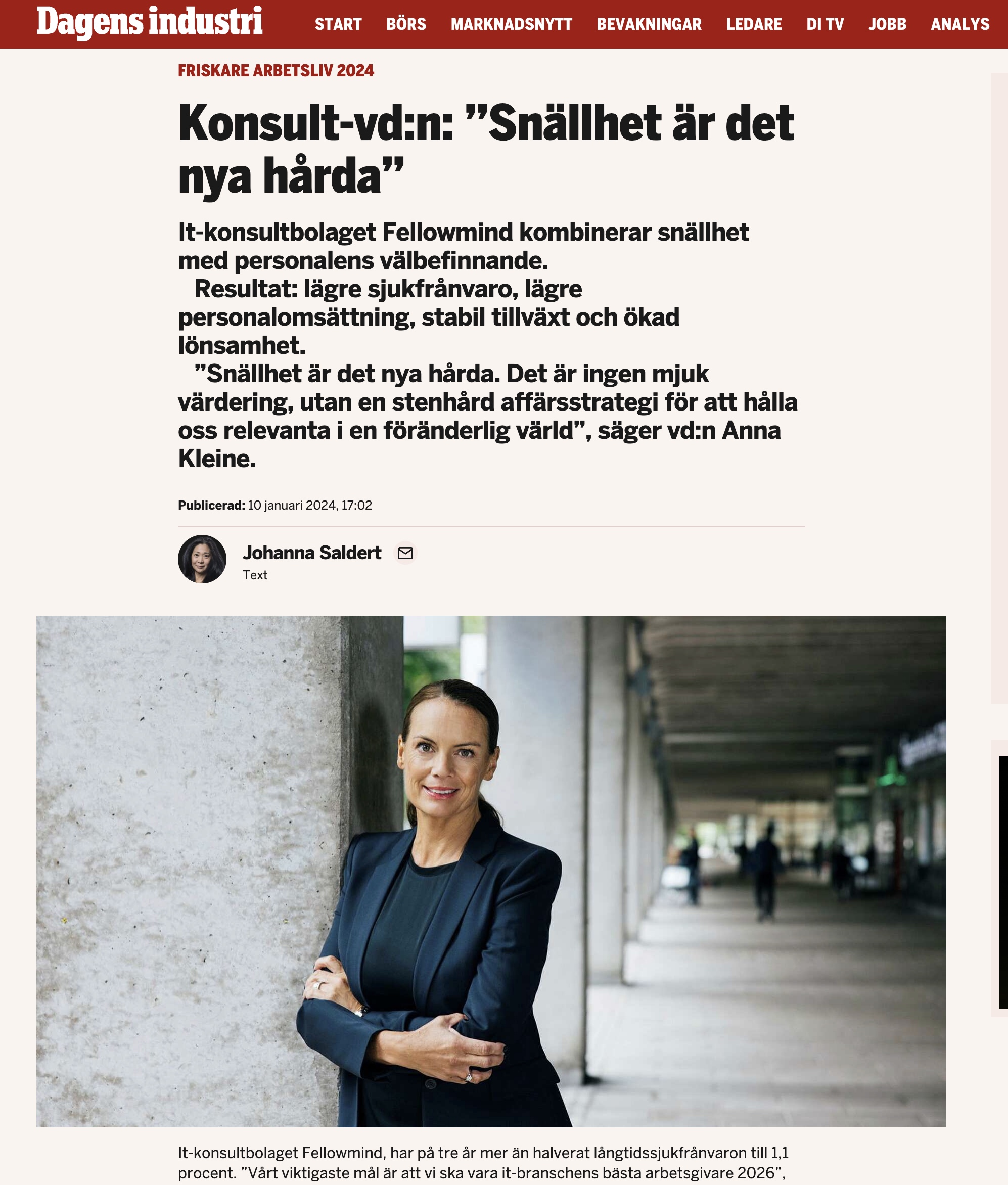 Fellowminds vd, Anna Kleine i Dagens Industri - editK